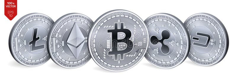 Bitcoin Ripple Ethereum Dash Litecoin 3d Isometric Physical Coins