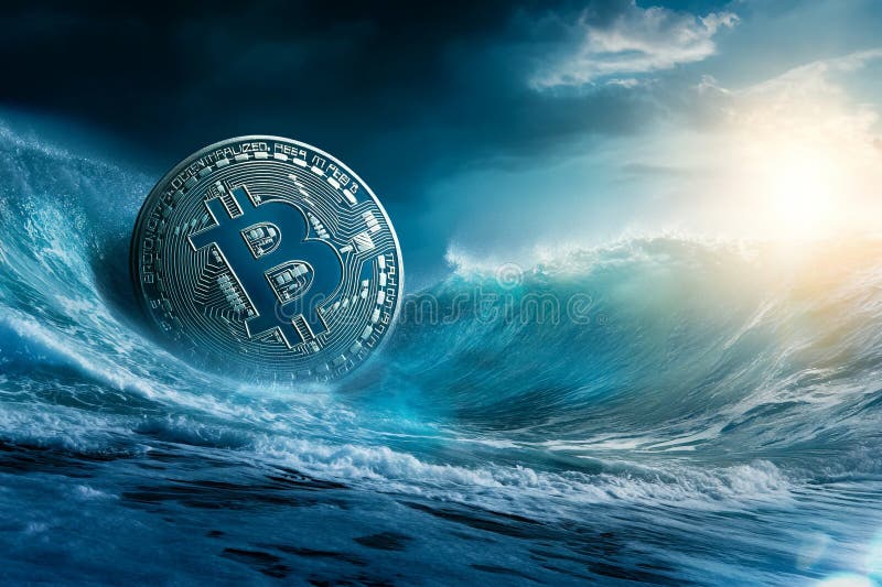Bitcoin Rises from the Ocean Waves during a Dramatic Sunset Over the ...