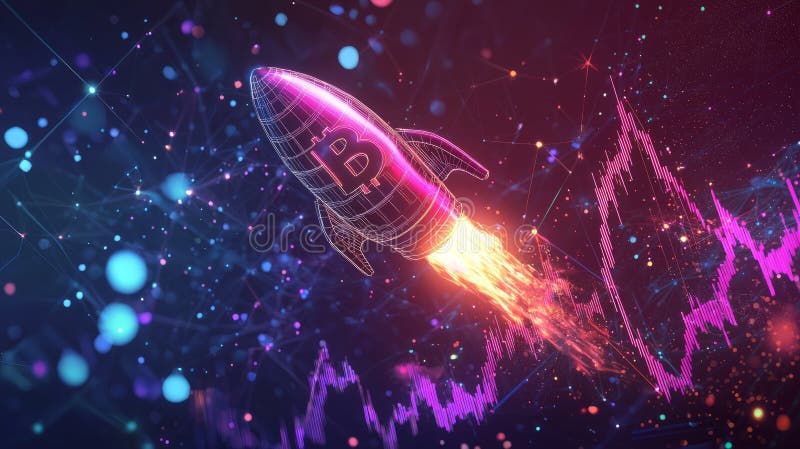 Bitcoin Rocket Doodle Flying through Growth Chart in Space Stock ...