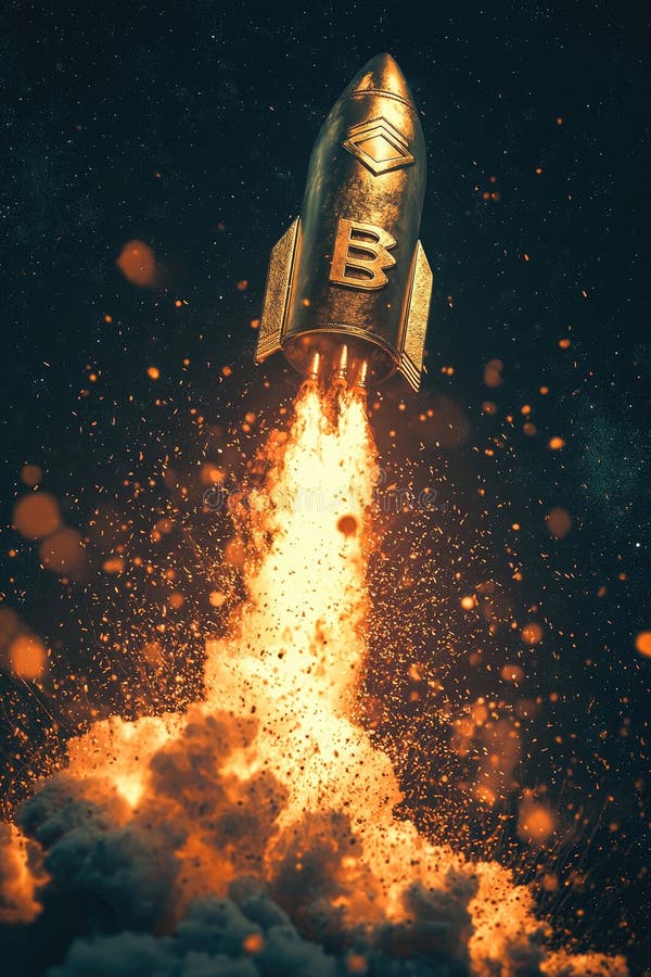Bitcoin Rocket Flying Up 2025. Selective Focus Stock Photo - Image of ...