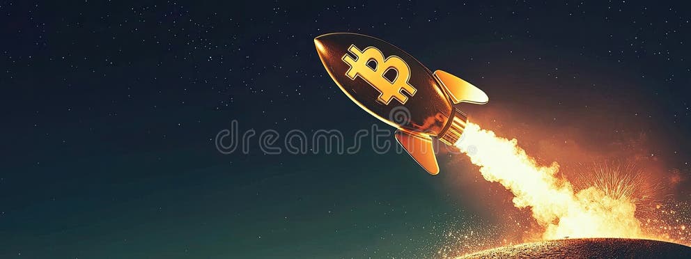 Bitcoin Rocket Flying Up 2025. Selective Focus Stock Illustration ...