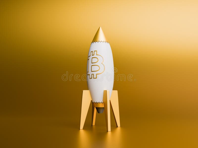 Bitcoin Rocket on Golden Background Symbolizing Financial Ascent Stock ...