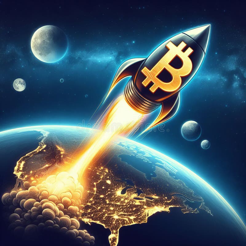 Bitcoin Rocket Launching into Space Above Earth Stock Photo - Image of ...
