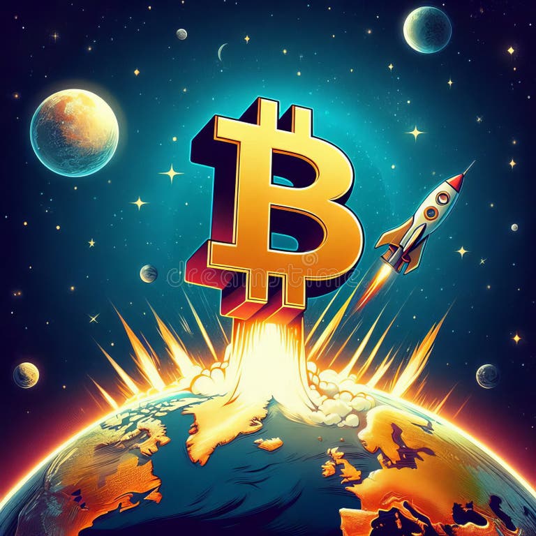 Bitcoin Rocket Launching into Space Illustration Stock Photo - Image of ...