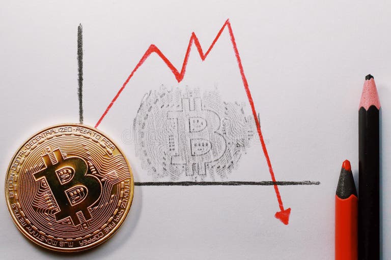 Bitcoin on a Sheet of White Paper. a Hand-drawn Graph with a Drop in ...