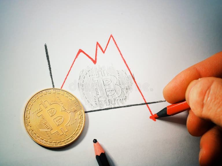 Bitcoin on a Sheet of White Paper. a Hand-drawn Graph with a Drop in ...