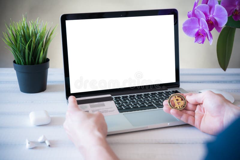 Bitcoin Shopping Concept, Laptop Computer White Blank Screen on Work ...