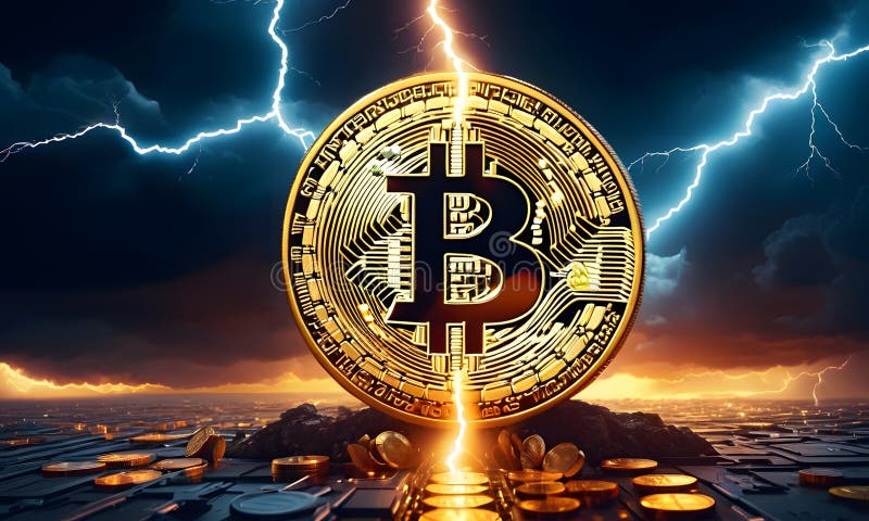 A Bitcoin Splits in Half by Lightning Strike in the Sky Stock Image ...