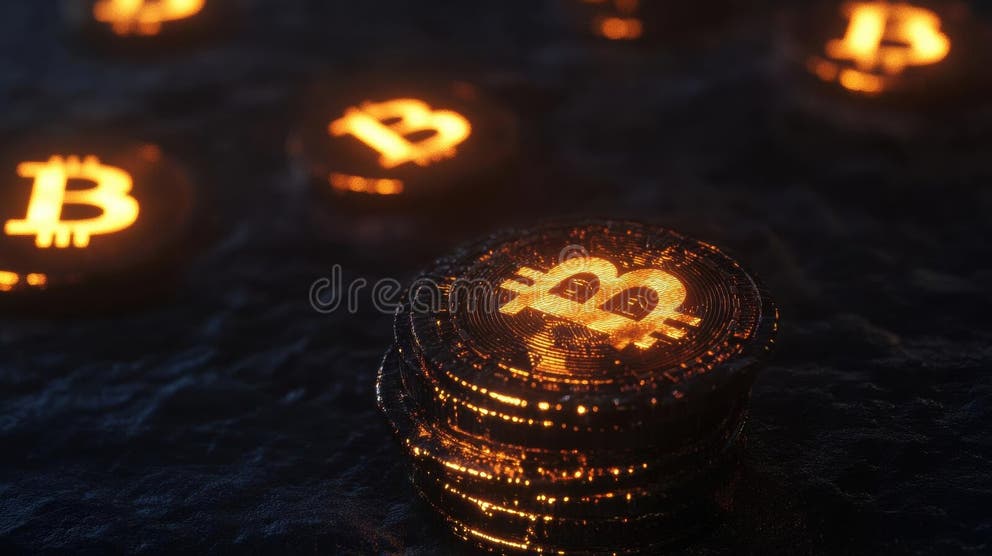 Bitcoin Stack, Digital Currency in a Dark World Stock Image - Image of ...
