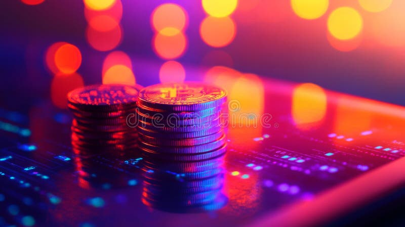 Bitcoin Stacks on Digital Display Screen Background Stock Illustration ...