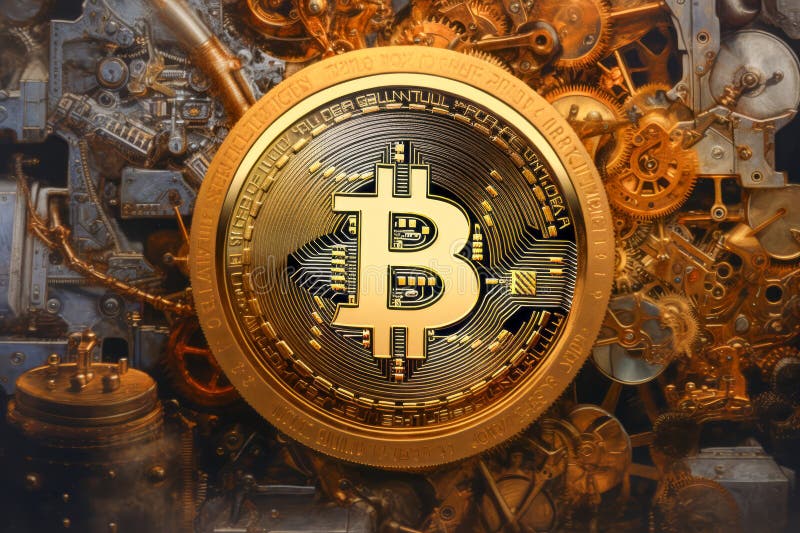 Bitcoin Surrounded by Mechanical Gears and Gears in Gold. Generative AI ...