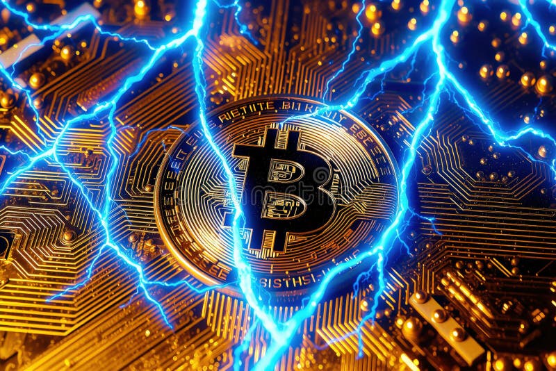 Bitcoin Symbol on Circuit Board is Surrounded by Electric Blue ...