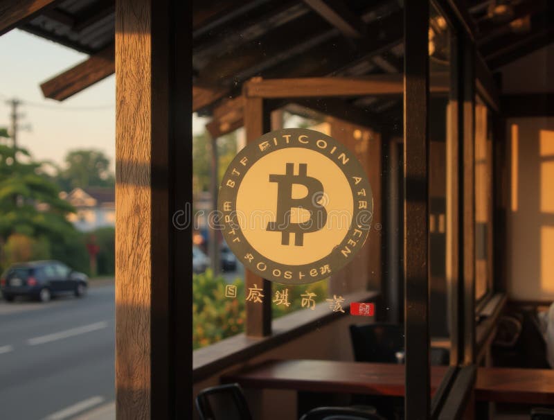 A Bitcoin Symbol is Displayed on a Window at a Business Establishment ...