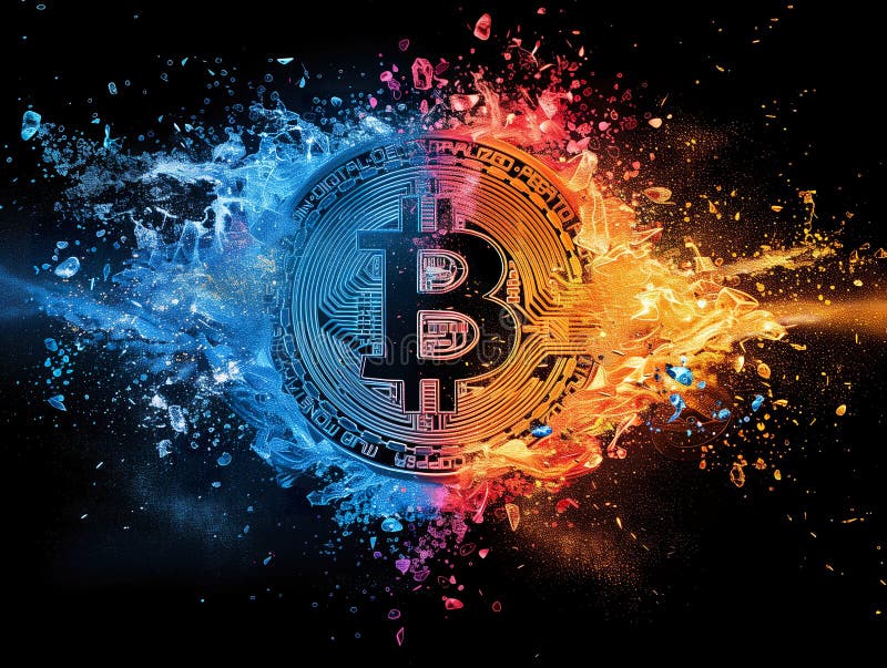 A Bitcoin Symbol in a Dynamic Clash of Water and Fire Elements ...