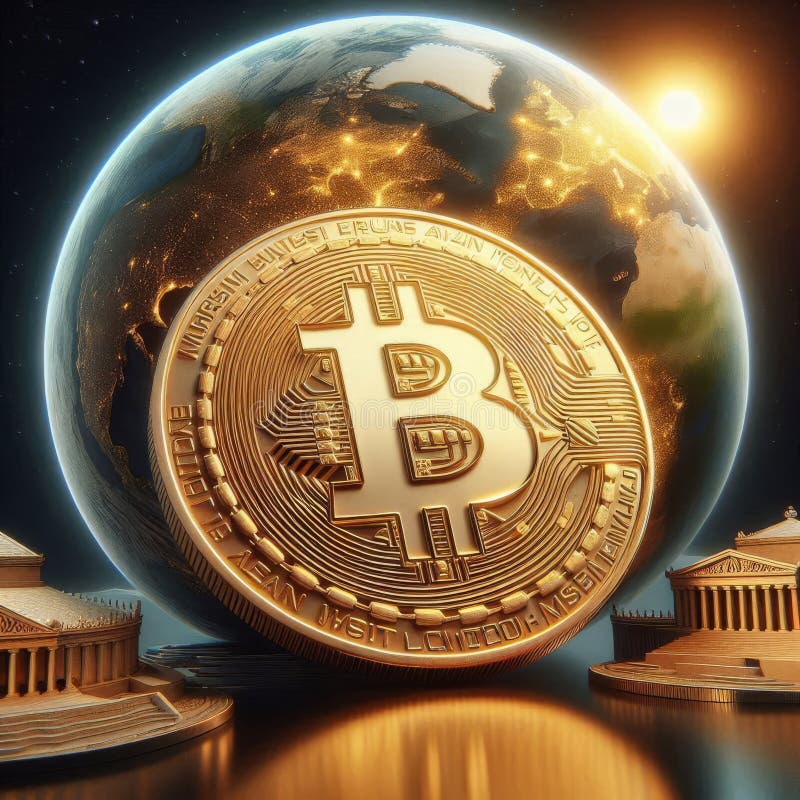 Bitcoin Symbol with Earth and Classical Architecture in the Background ...