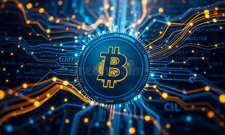 A Bitcoin Symbol Embedded within a Digital Matrix of Blockchain Data ...