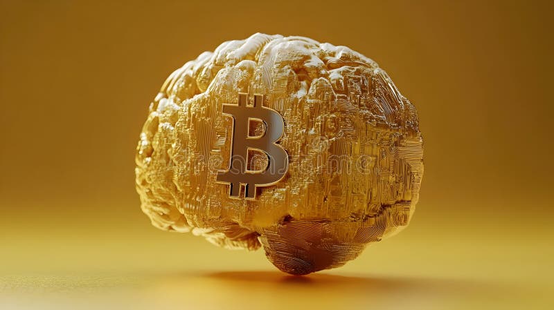 Bitcoin Symbol Embedded in Gold Brain on Gold Background Representing ...