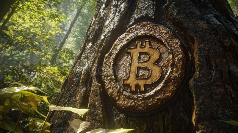 Bitcoin Symbol Engraved on a Tree in a Serene Forest Stock Photo ...