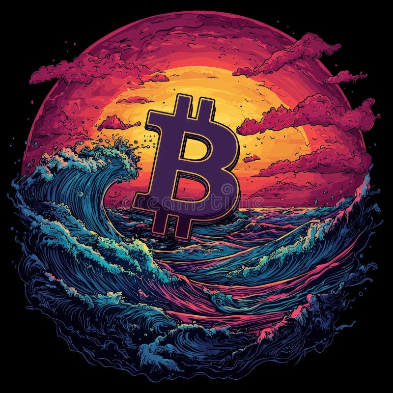 Bitcoin Symbol Floating Above Ocean at Sunset in Dynamic Digital Art ...
