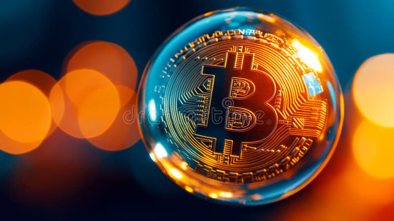 Bitcoin Symbol Floating in a Bubble with Blurred Lights Background ...