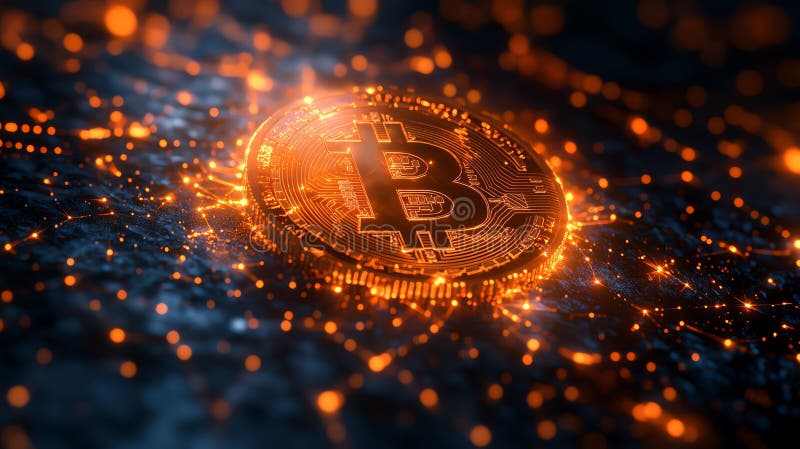Bitcoin Symbol Illustrated with Glowing Particles on Dark Background ...