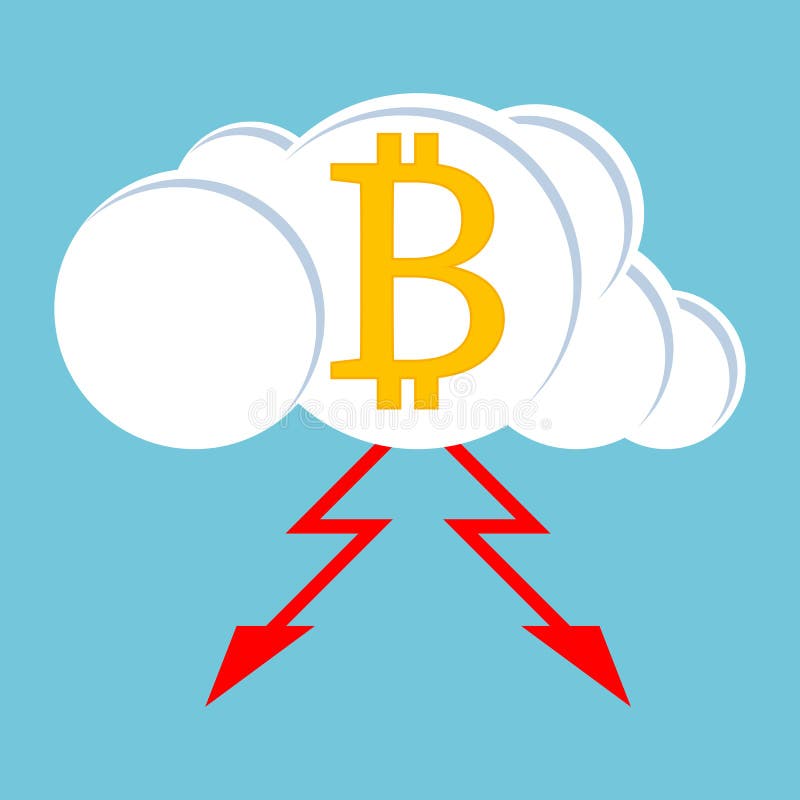 Bitcoin Symbol with Lightning on a Thundercloud on Blue Sky Background ...