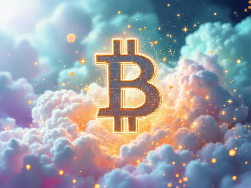 Bitcoin Symbol Shining in the Clouds Illuminating the Sky Stock ...