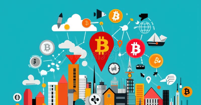 Bitcoin Symbols in a Cityscape with Global Elements Stock Image - Image ...