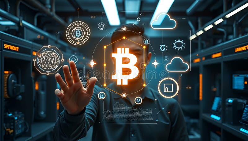 Bitcoin Technology Concept with Person Interacting with Digital ...