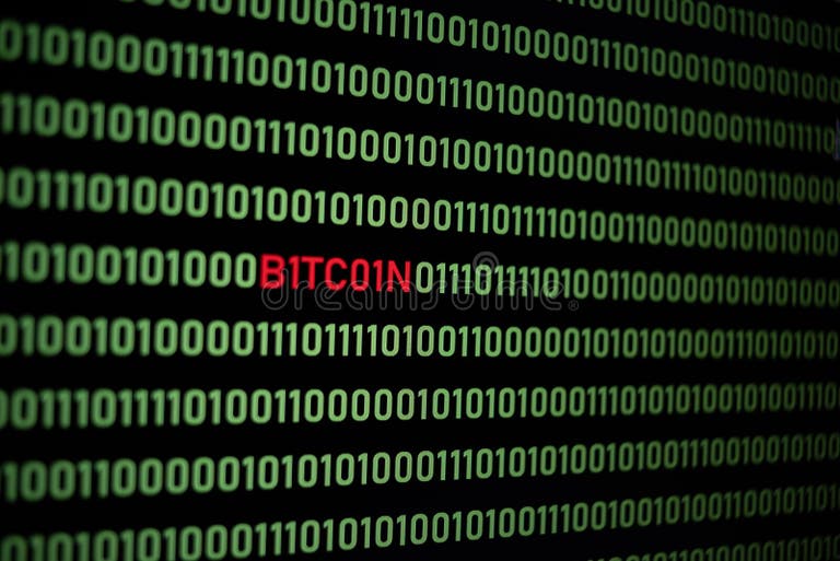 BITCOIN Text and Binary Code Concept from the Desktop Computer Screen ...