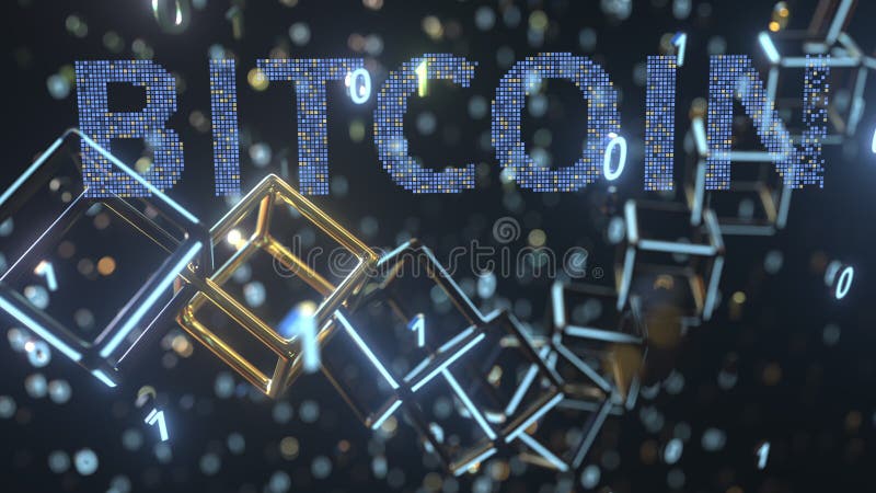 Bitcoin Text and Cubic Chain and Binary Numbers. Cryptocurrency Concept, 3D Rendering Stock ...