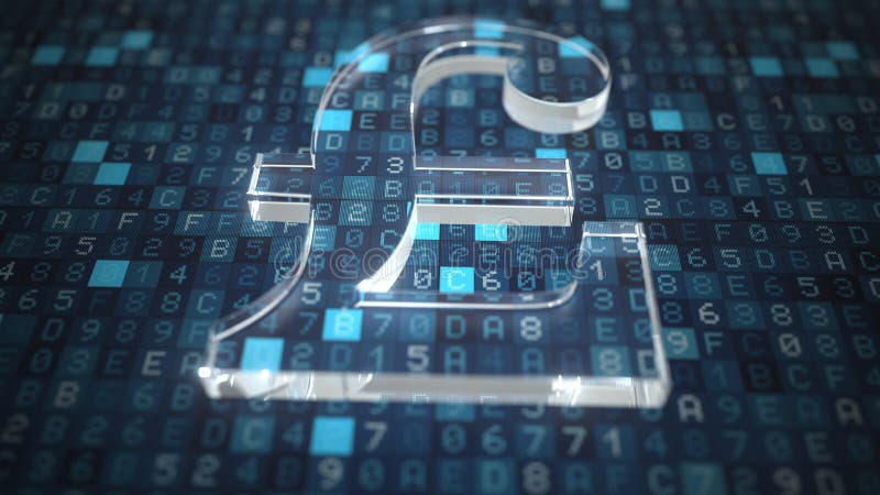 Pound Sterling Symbol on a Blue Computer Screen Background. Fintech or ...