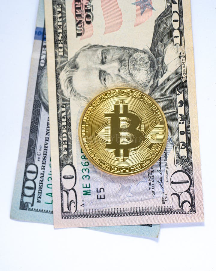 Bitcoin on US currency stock photo. Image of crypto - 153842368