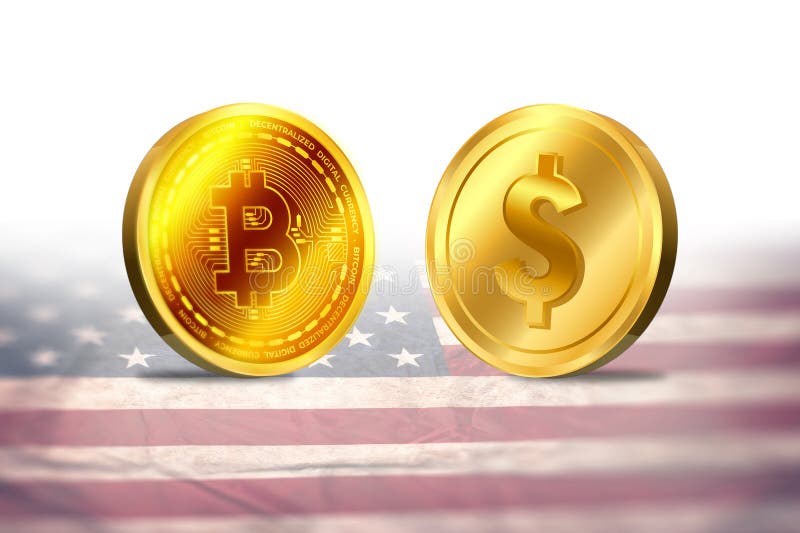 Bitcoin and USD Coins Side by Side on United States Flag Stock Image ...