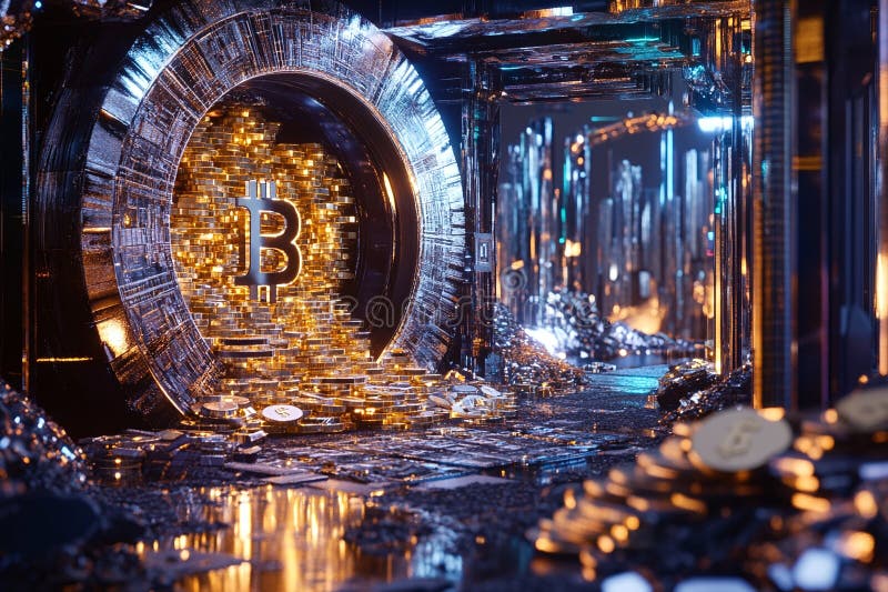 Bitcoin Vault with Golden Cryptocurrency Coins in Futuristic Metallic ...