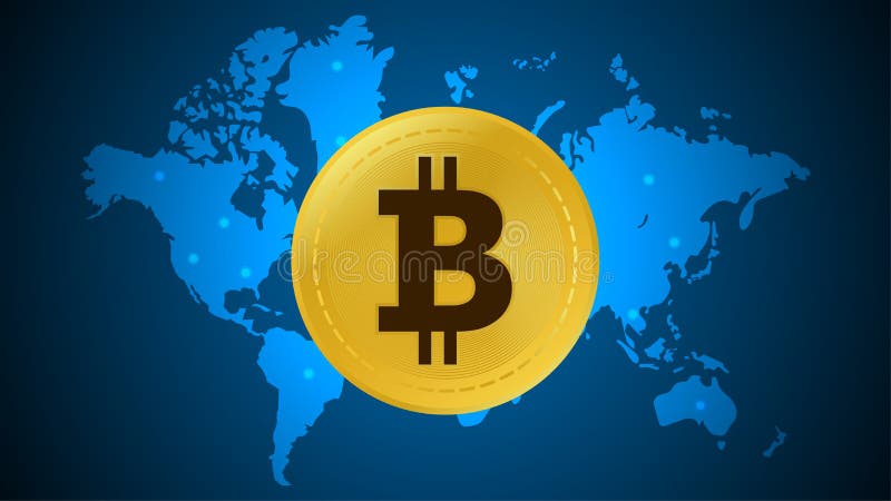 Bitcoin on World Map and Blue Background, Digital Money Concept, Vector ...