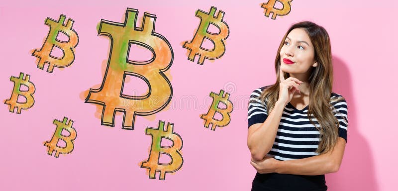 Bitcoin with young woman stock photo. Image of cryptocurrency - 107779248