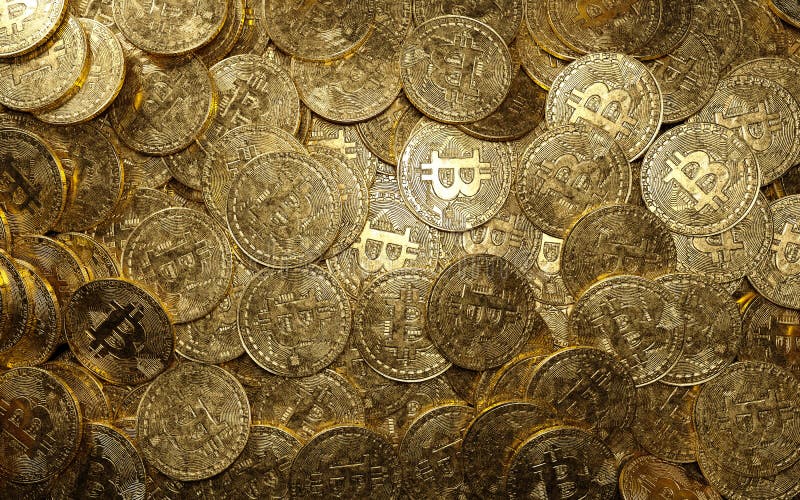 Bitcoins Background. Old Worn Coins. 3D Rendering Illustration. Stock ...