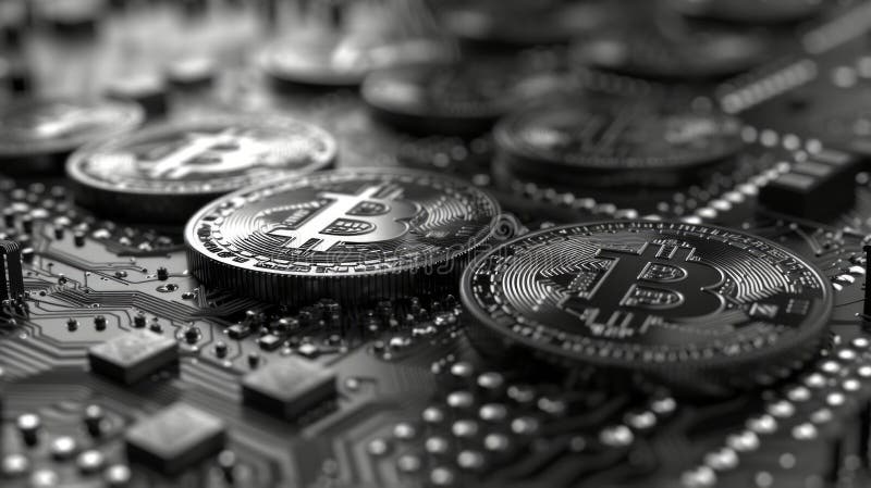 Bitcoins on a Computer Motherboard Stock Photo - Image of coin, table ...