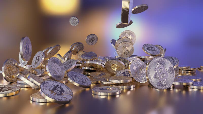 Bitcoins falling on a pile stock illustration. Illustration of ...