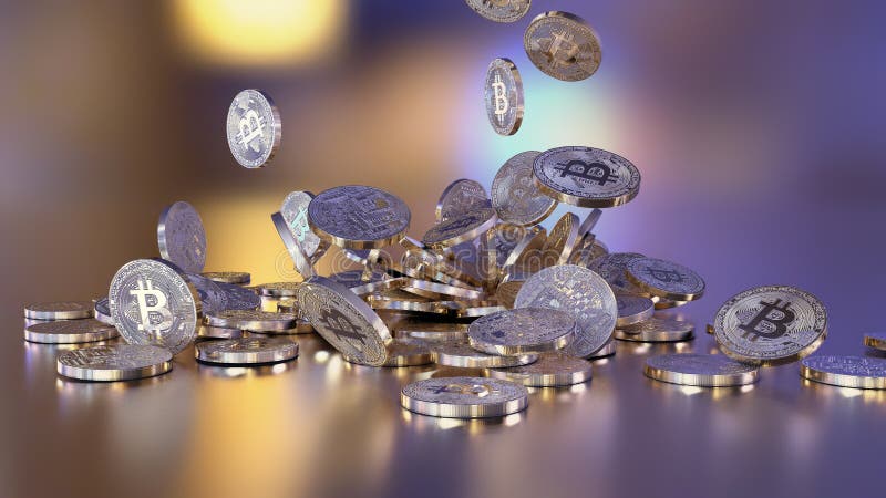 Bitcoins falling on a pile stock illustration. Illustration of ...