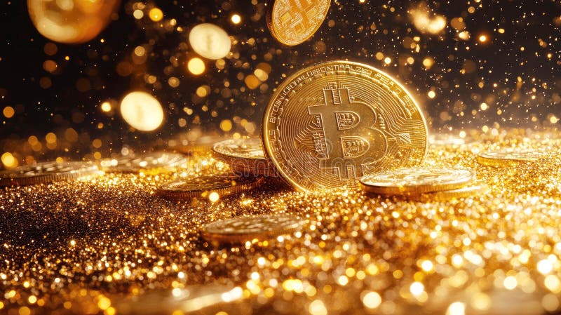 Bitcoins Form Gold Coins Fall Against Golden Background Stock Photos ...