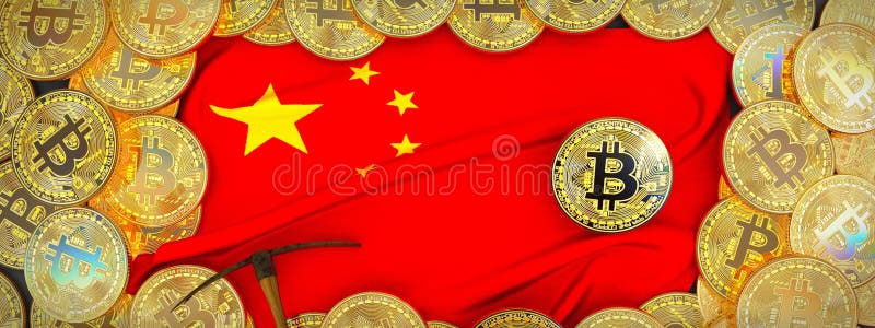 Bitcoins Gold Around China Flag and Pickaxe on the Left.3D Illu Stock ...