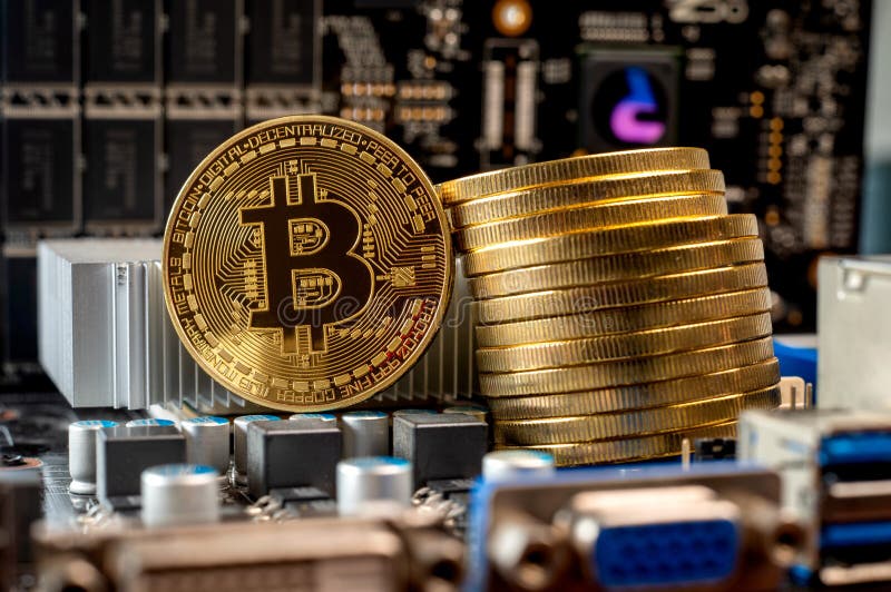 Bitcoins on motherboard stock image. Image of electronic - 262184311