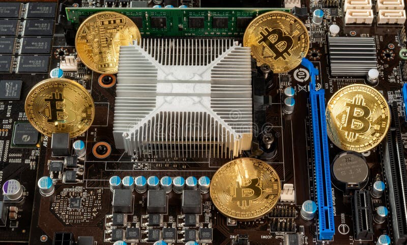 Bitcoins on motherboard stock image. Image of commerce - 262184219