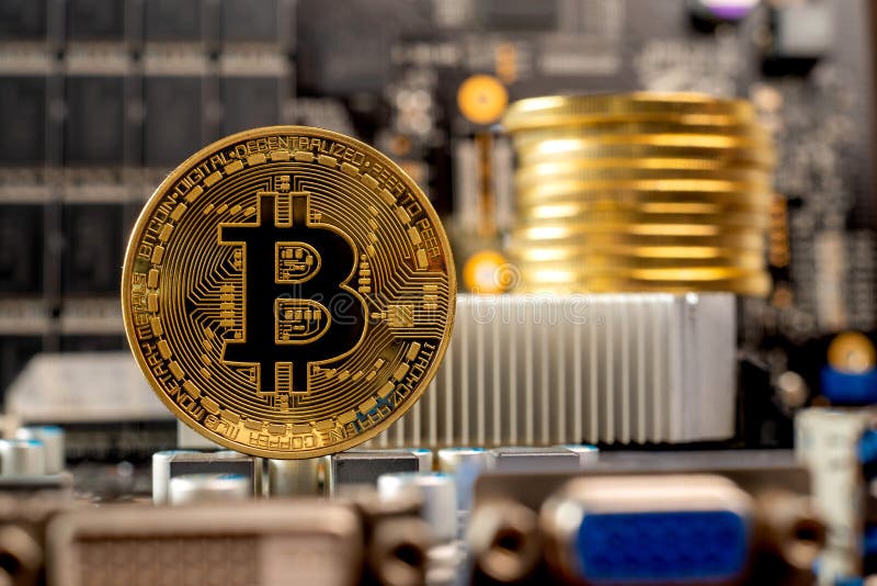 Bitcoins on motherboard stock photo. Image of business - 262184272