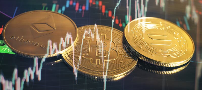 Bitcoins and New Virtual Money Concept. Gold Bitcoins with Candle Stick ...