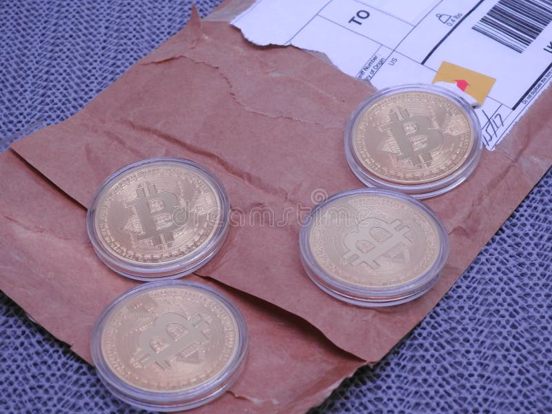 Bitcoins received by post. stock image. Image of caps - 93186713