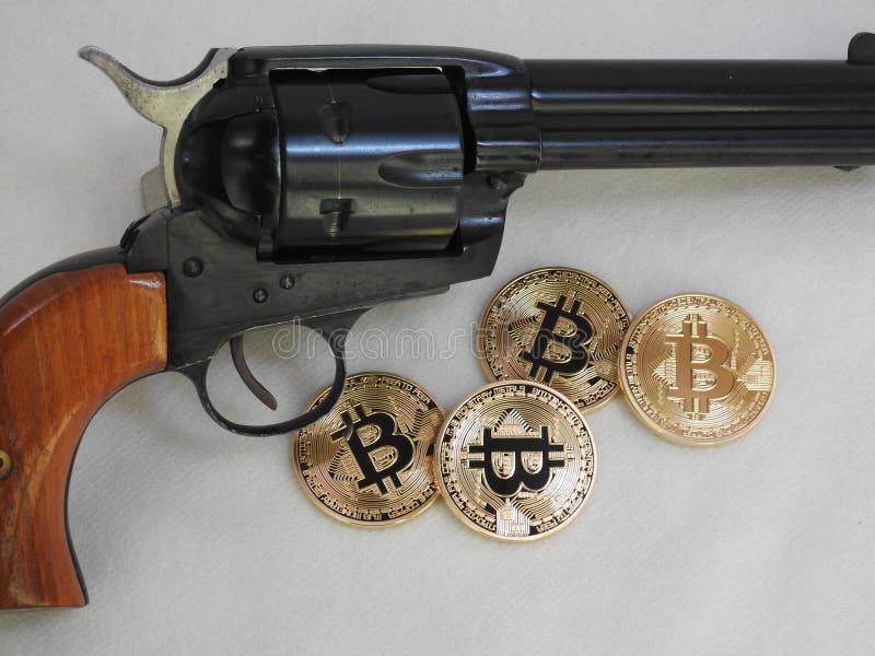 Bitcoins and revolver stock image. Image of colt, bank - 94314871