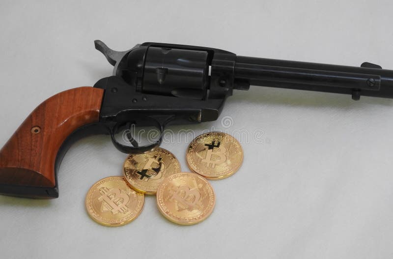 Bitcoins and revolver stock image. Image of colt, blockchain - 94314951